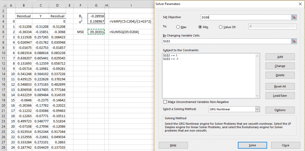 MA Coefficients using Solver | Real Statistics Using Excel